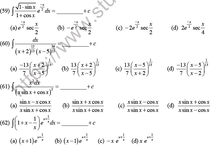 JEE Mathematics Indefinite Integrals MCQs Set C with Answers